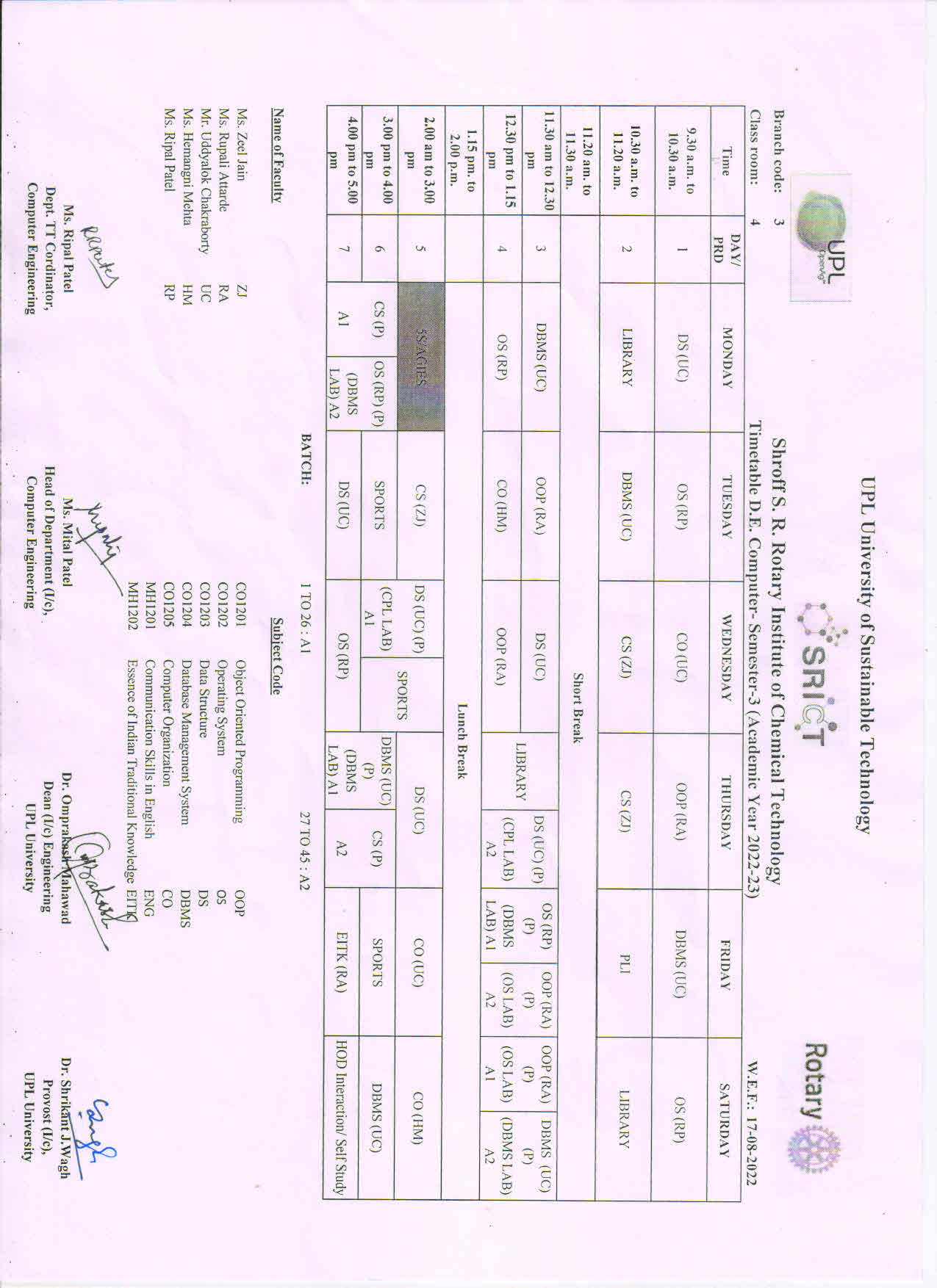 TimeTable SHROFF S R ROTARY INSTITUTE OF CHEMICAL TECHNOLOGY TimeTable SHROFF S R ROTARY INSTITUTE OF CHEMICAL TECHNOLOGY